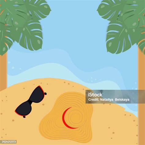 야자수가 있는 해변에 선글라스와 모자를 쓴 열대 풍경 앞 모습 공간을 복사합니다 주당순이익 0명에 대한 스톡 벡터 아트 및 기타 이미지 Istock