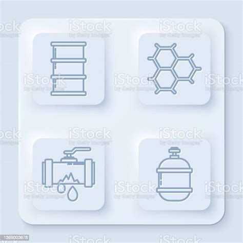 세트 라인 배럴 오일 벤젠 링으로 구성된 화학 공식 누출 물과 프로판 가스 탱크 깨진 금속 파이프 흰색 정사각형 버튼 벡터 가솔린에 대한 스톡 벡터 아트 및 기타 이미지