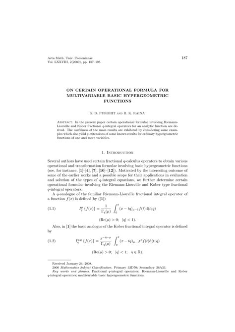Pdf On Certain Operational Formula For Multivariable Basic Hypergeometric Functions