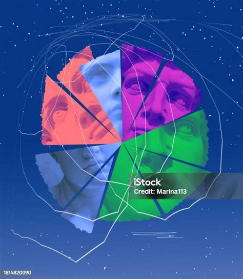 팝 아트 스타일의 인간의 얼굴로 골동품 조각품과 콜라주 고대 동상 머리가 있는 현대적인 창조적 개념 이미지 현대 미술 포스터 0