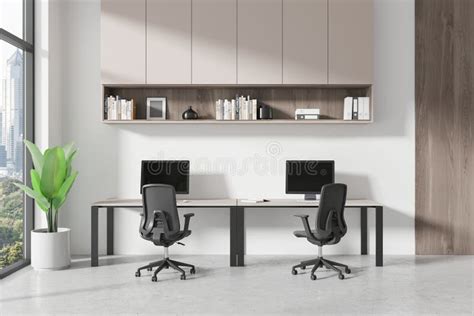 Modern Office Work Space With Two Chairs And Desktop Computers Wooden Elements Bright Light
