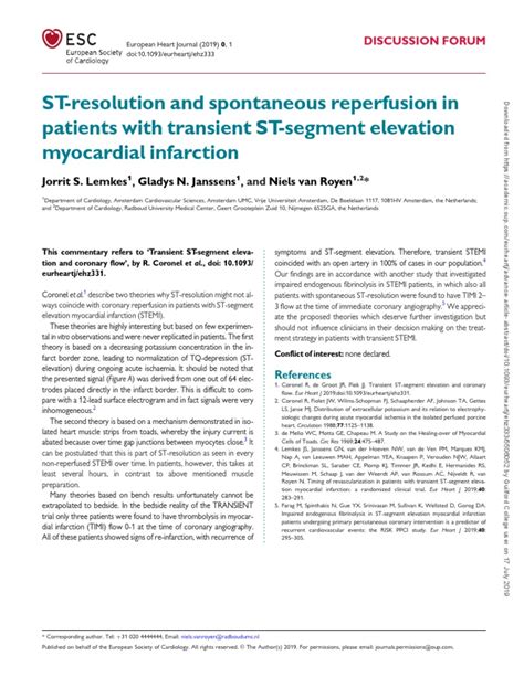 St Resolution And Spontaneous Reperfusion In Patients With Transient St Segment Elevation