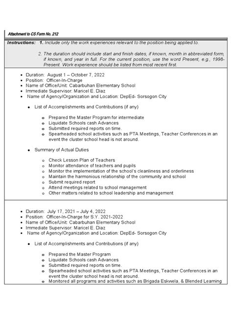 Cs Form No 212 Attachment Work Experience Sheet Pdf