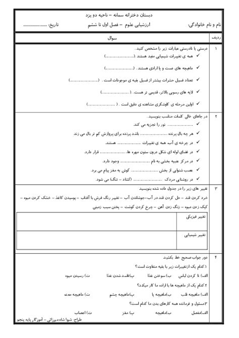 آزمون نوبت اول علوم تجربی کلاس پنجم دبستان دخترانه سمانه دی 1401 گاما