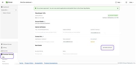 Add Developer Bank Account Information
