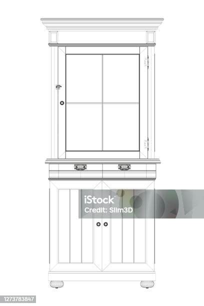 흰색 배경에 격리 된 검은 색 선에서 오래된 캐비닛 와이어 프레임 전면 보기입니다 3d 벡터 일러스트레이션 0명에 대한 스톡