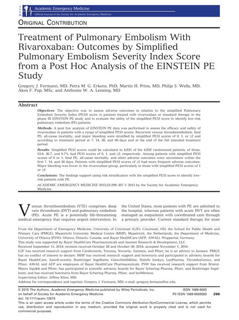Pdf Treatment Of Pulmonary Embolism With Rivaroxaban Outcomes By Simplified Pulmonary