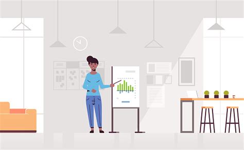 플립 차트 아프리카 계 미국인 비즈니스 여자에 금융 그래프를 제시 하는 사업가 프레 젠 테이 션 개념 현대 공동 작업 센터