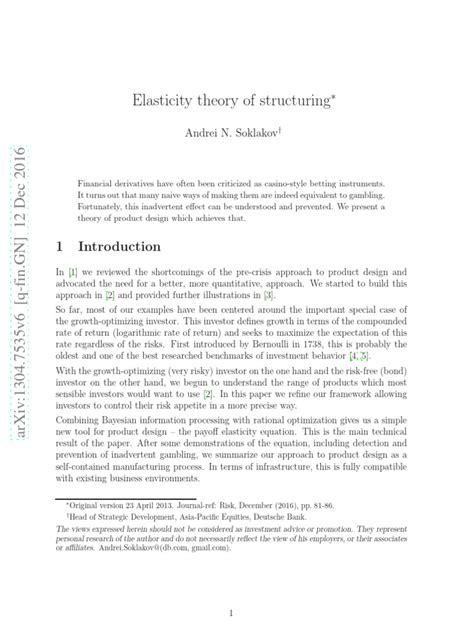Soklakov 2016 Elasticity Theory Of Structuring Pdf Risk Aversion Risk