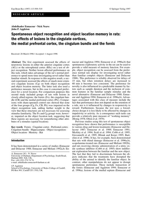 Pdf Spontaneous Object Recognition And Object Location Memory In Rats The Effects Of Lesions