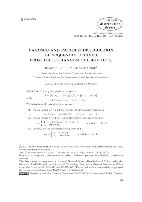 pdf balance and pattern distribution of sequences derived from