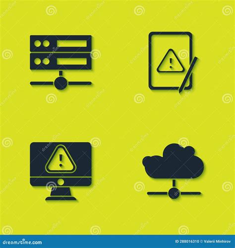 Set Server Data Web Hosting Network Cloud Connection Monitor With Exclamation Mark And