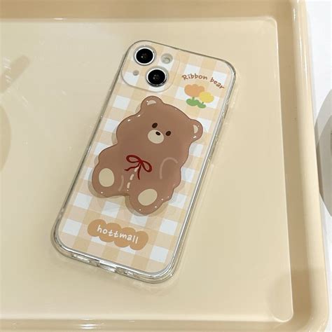 아이폰 11 곰돌이 리본 체리 체크패턴 그립톡 케이스 세트