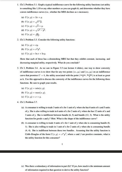 1ch 3problem 31graph A Typical Indifference Curve For The Following Utility Functions Set
