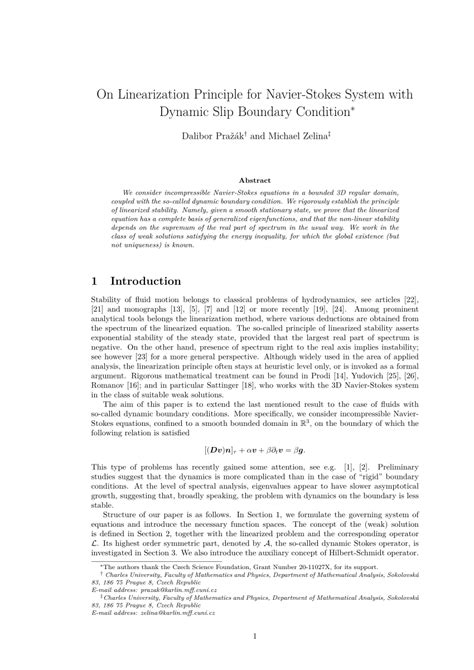Pdf On Linearization Principle For Navier Stokes System With Dynamic Slip Boundary Condition