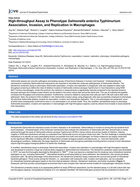 Pdf High Throughput Assay To Phenotype Salmonella Enterica Typhimurium Association Invasion