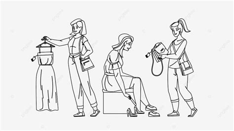 Pencil Line Drawing Vector Art Png Female Shopping Occupation In Clothes Store Black Line