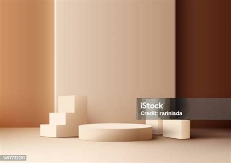 3d 현실적인 스튜디오 룸 베이지 색 연단에 사다리 계단 성공과 갈색 배경에 기하학적 요소가 있습니다 3차원 형태에 대한 스톡 벡터 아트 및 기타 이미지 Istock