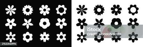 화이트 블랙 데이지 카모마일 아이콘 세트입니다 카모마일 빅 세트 단순하고 다른 모양 귀여운 둥근 꽃 식물 컬렉션 사랑 카드 기호입니다 성장하는 개념 플랫 디자인 격리 검은