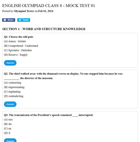 English Olympiad Class 8 Mock Test 01 Olympiad Tester