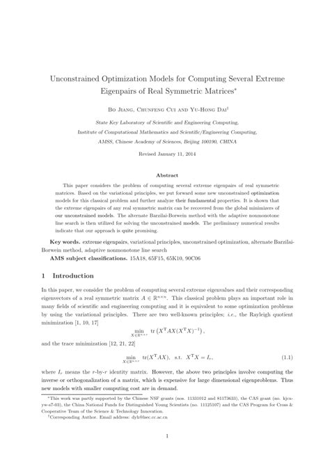 Pdf Unconstrained Optimization Models For Computing Several Extreme Eigenpairs Of Real