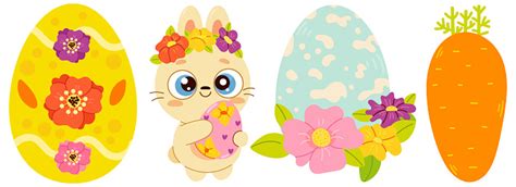 귀여운 흰 토끼와 달걀이 있는 행복한 부활절 세트 벡터 일러스트 레이 션입니다 개념에 대한 스톡 벡터 아트 및 기타 이미지 개념 계절 공휴일 Istock