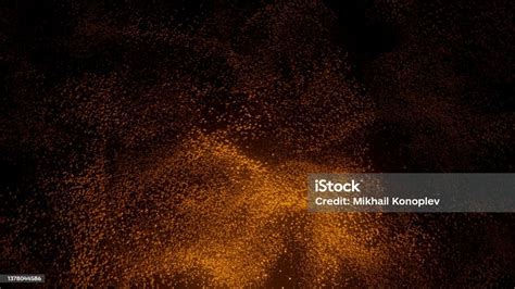 검은 색 배경에 확산 황금 모래의 추상적 인 패턴 오렌지 도트 구름이 어둠 속에서 소용돌이치는다 가상 데이터 모션 배경 3d 렌더 3차원 형태에 대한 스톡 사진 및 기타