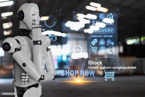 Ai 기술 로봇 터치 Ui 화면 인터페이스 기술 Ai 로봇 팔 물체 제조 산업 기술 미래 창고 제품 수출입 미래 기술 로봇 공학 0명에 대한 스톡 사진 및 기타 이미지