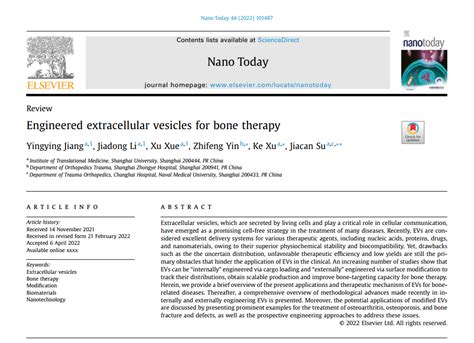 我院苏佳灿教授团队在材料学顶级期刊《nano Today》上发表了关于细菌外囊泡在骨相关疾病中具有优异的治疗作用效果的最新成果 上海大学转化医学研究院