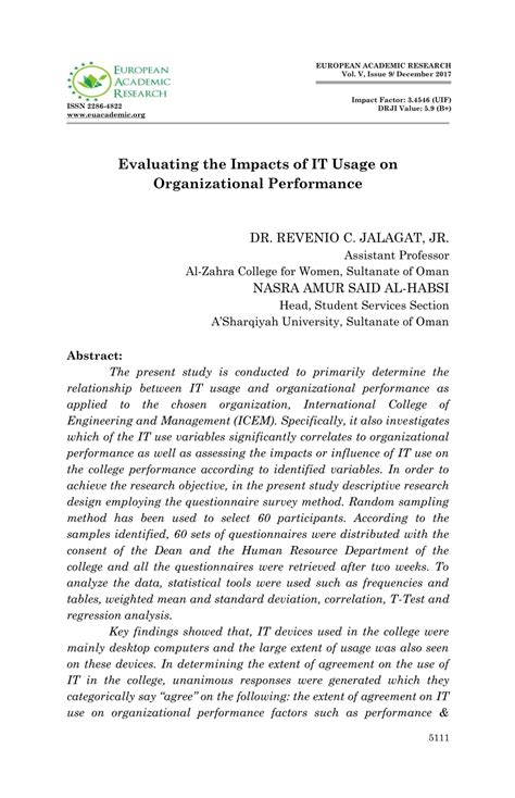 Pdf Evaluating The Impacts Of It Usage On Organizational Performance