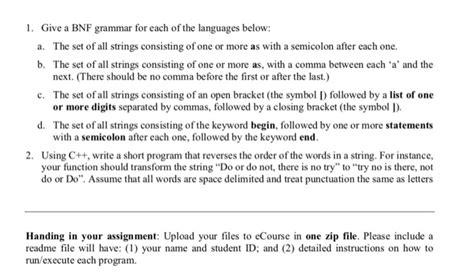 Solved 1 Give A BNF Grammar For Each Of The Languages Below Chegg Com