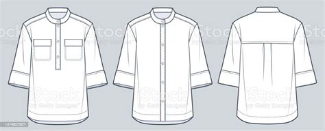 밴드 칼라 셔츠 기술 패션 일러스트 세트 짧은 소매 셔츠 패션 플랫 기술 도면 템플릿 버튼 업 특대형 전면 및 후면보기 화이트