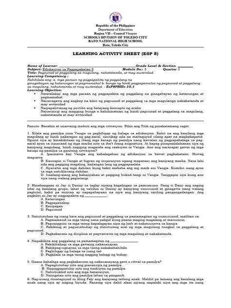 Learning Activity Sheet Esp 8 Pdf