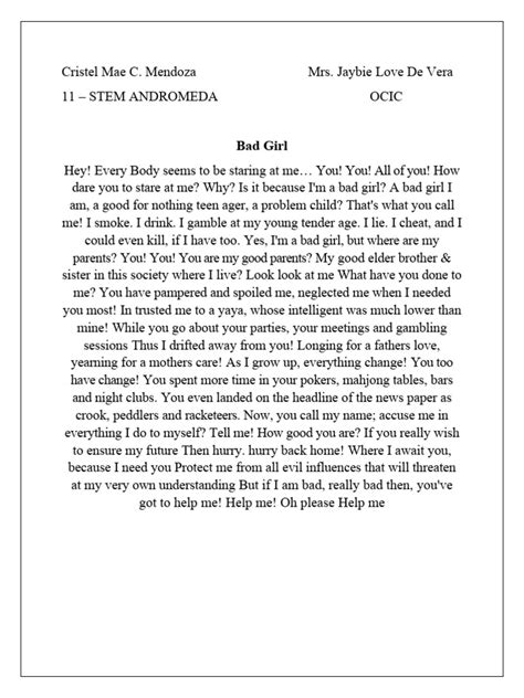 Bad Girl Declamation Script Pdf