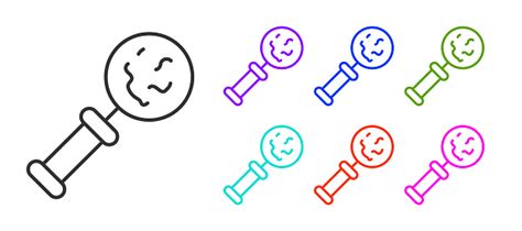 흰색 배경에 격리 된 돋보기 아이콘 아래 검은 라인 미생물 박테리아와 세균 세포암 미생물 바이러스 곰팡이 다채로운 아이콘을 설정합니다 벡터 3차원 형태에 대한 스톡 벡터