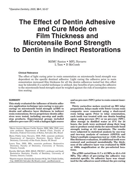 Pdf The Effect Of Dentin Adhesive And Cure Mode On Film Thickness And Microtensile Bond