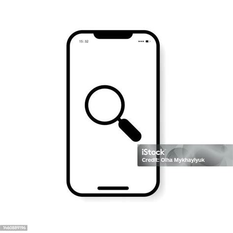 화면 벡터 아이콘 라인 개요 아트 스마트 폰 성공적인 검색 또는 장치 연결 탐사 테스트 또는 연구 기호에 돋보기로 핸드폰 검사 또는 휴대 전화 검사 Eps 10 돋보기 광학