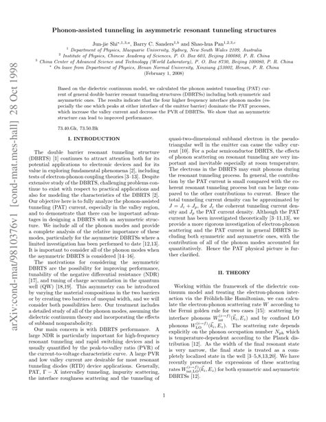Pdf Coherent And Phonon Assisted Tunnelling In Asymmetric Double Barrier Resonant Tunnelling