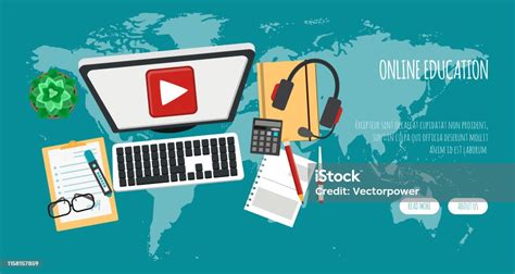원격 교육 배너입니다 웹 사이트 및 모바일 웹 사이트 벡터 일러스트레이션을위한 온라인 과정 E러닝 튜토리얼 개념 데스크톱 컴퓨터 헤드폰 키보드 계산기 감시에 대한 스톡 벡터