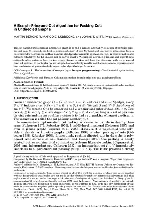 Pdf A Branch Price And Cut Algorithm For Packing Cuts In Undirected Graphs