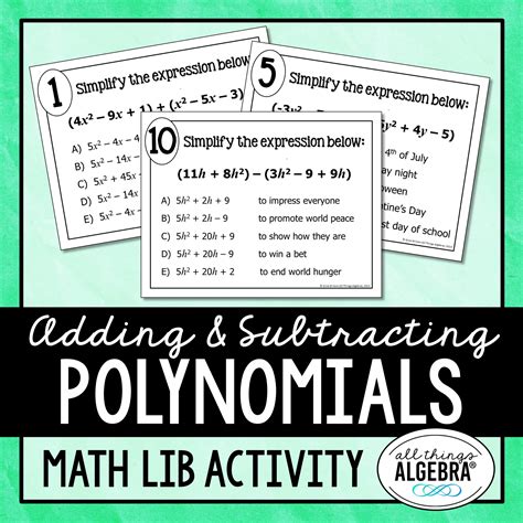 Adding And Subtracting Polynomials Math Lib Activity All Things Algebra®
