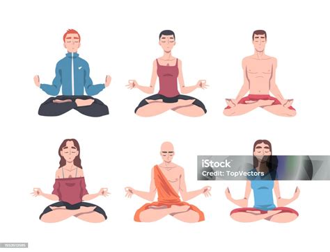 파드마사나 또는 연꽃 포지션 연습 중재 벡터 세트에 앉아 젊은 남자와 여자 십자가 다리 Pranayama에 대한 스톡 벡터 아트