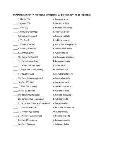 Past Perfect Subjunctive Matching Practice Teaching Resources