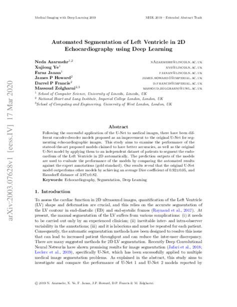 Automated Segmentation Of Left Ventricle In 2d Echocardiography Using Deep Learning