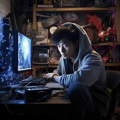 premium photo a man in a hoodie is sitting in front of a computer monitor