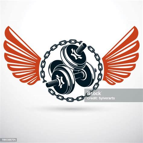날개와 철 체인에 둘러싸여 아령 벡터 그림 피트니스 운동 및 파워 리프팅 스포츠 장비 Championship에 대한 스톡 벡터 아트 및 기타 이미지