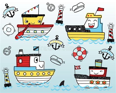 Vector Illustration Of Hand Drawn Funny Ship Cartoon Sailing Elements