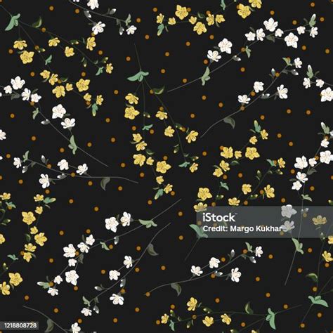 꽃 무음 패턴 낙서 추상 적 분기 무작위로 흩어져 트렌디 한 벡터 텍스처입니다 패션 프린트 디자인에 적합합니다 물방울 무늬가있는 검은 배경에 손으로 그린 작은 흰색 노란색