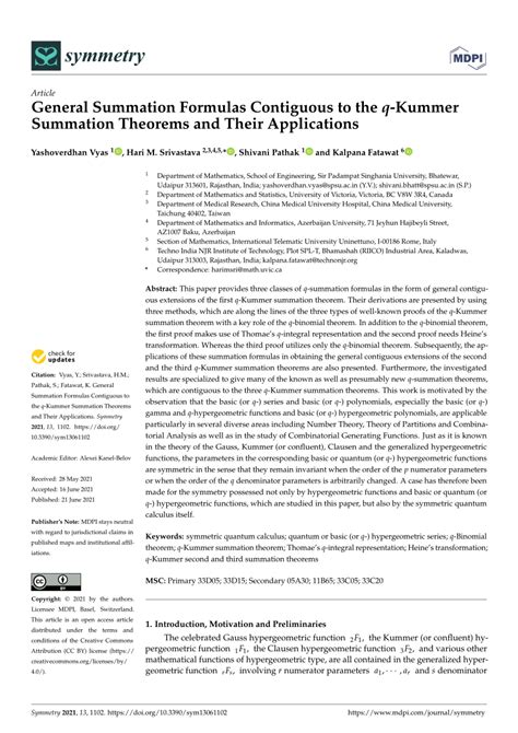 Pdf General Summation Formulas Contiguous To The Q Kummer Summation Theorems And Their