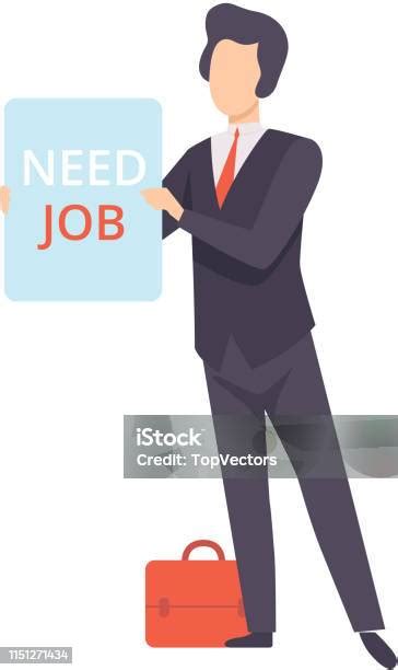 비즈니스 사람 들고 플 래 카드 필요 작업 레터링 실업 남성 구직자 벡터 일러스트 레이 션 개념에 대한 스톡 벡터 아트 및 기타 이미지 Istock